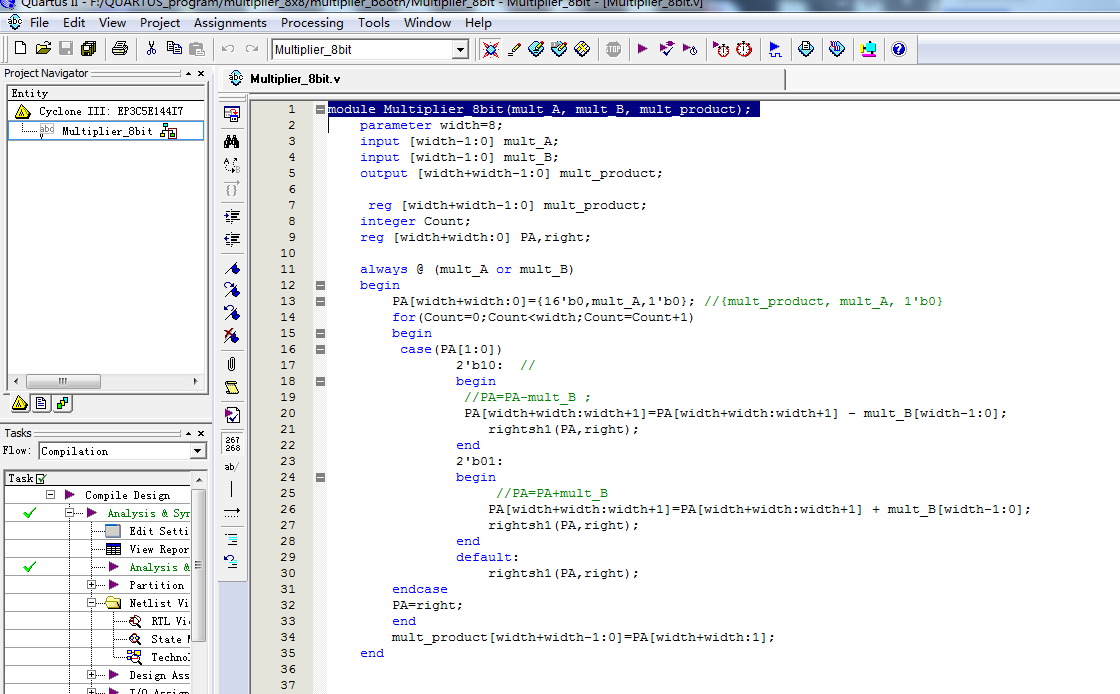 基于FPGA的8位booth乘法器Verilog代码Quartus仿真_电路方案 - 与非网